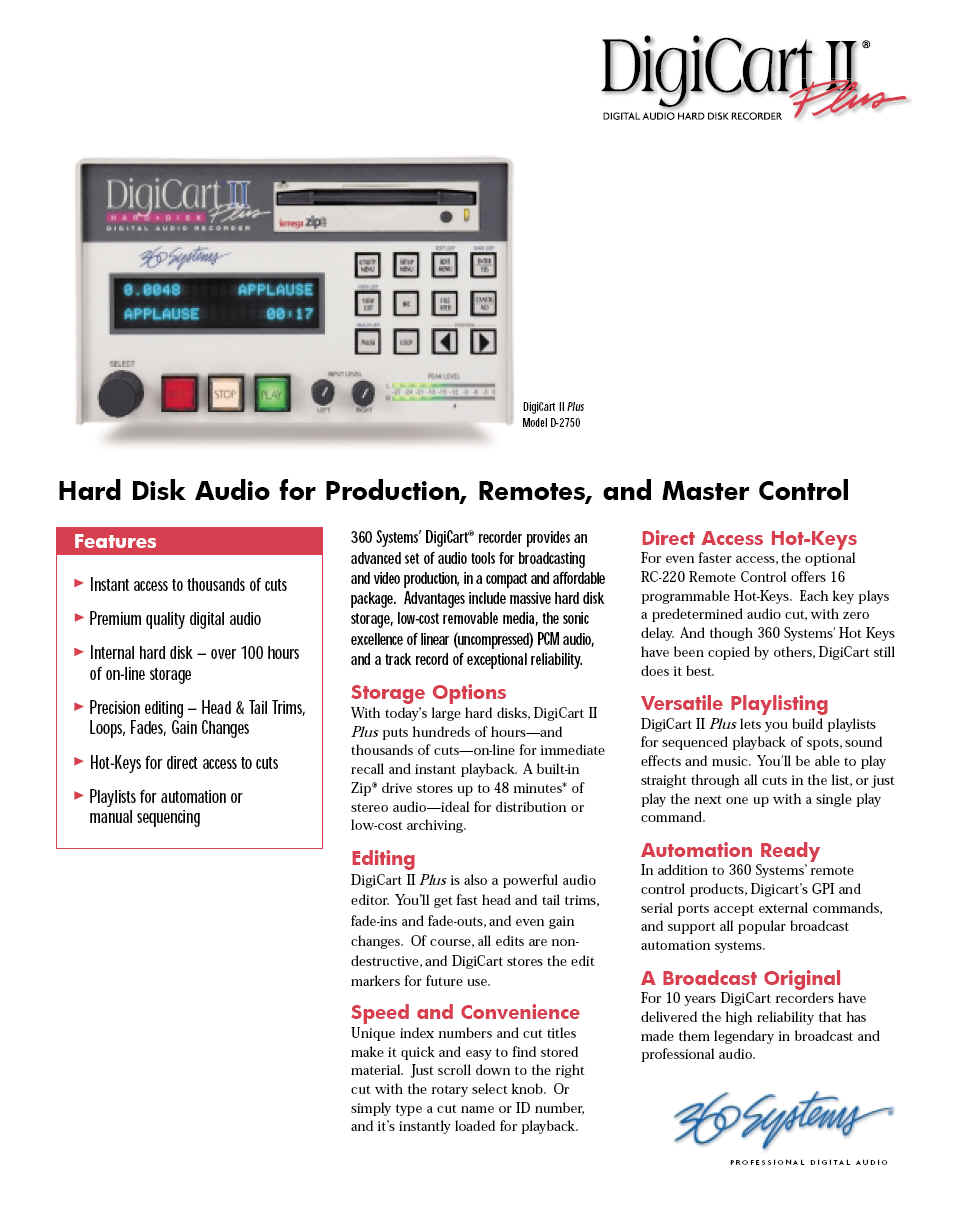 Walker Sound Hire UK - 360 Systems, Digicart, Images and Specification